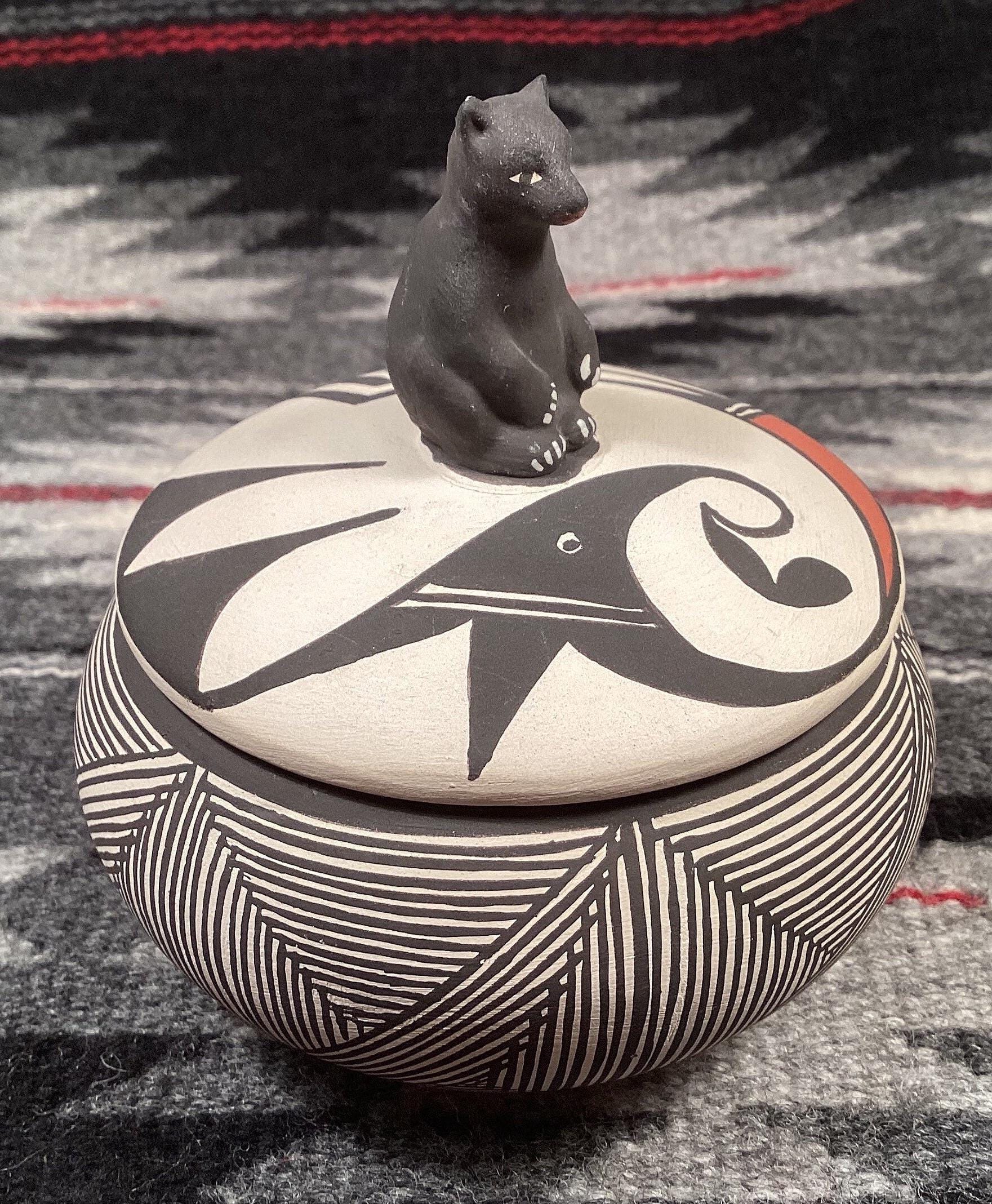 Acoma Pueblo Native American Covered Bowl With Bear Handle by Lucy ...