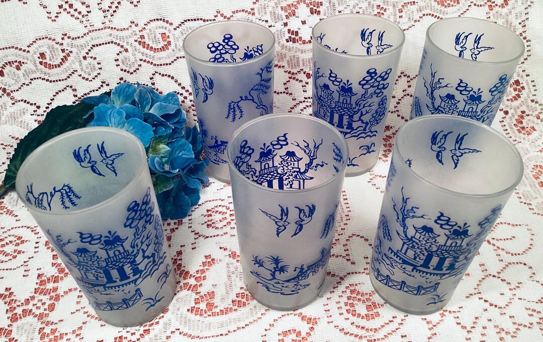 Set of Six Vintage Federal Blue Willow 5” Tall Frosted Tumblers - Etsy