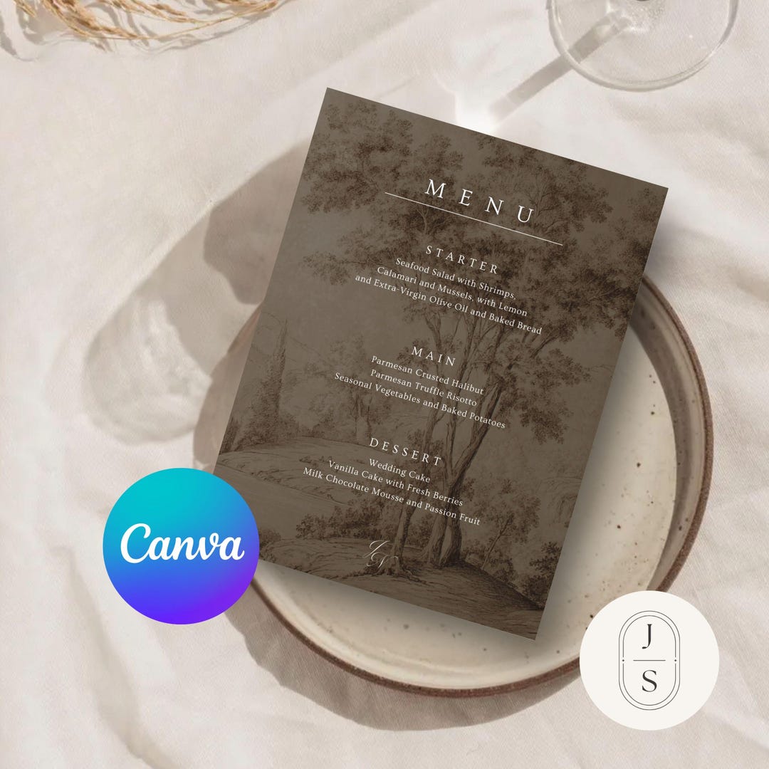 Sepia Treescape Wedding & Reception Menu Template | Editable Canva ...
