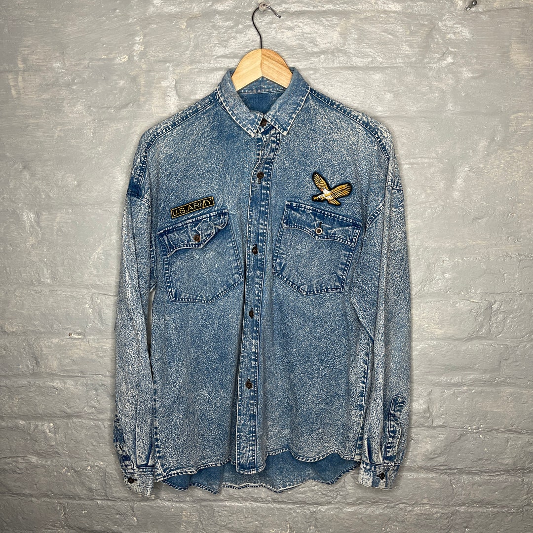 Vintage USA Army Men's Blue Denim Jean Shirt Chest Pocket Embroidered L ...
