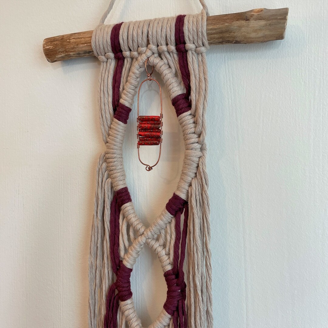 Mixed media macrame wall hanging 8x22 small macrame wall decor, copper ...