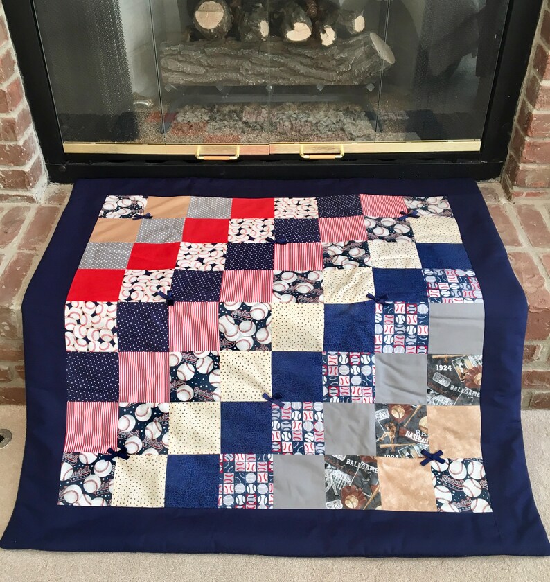 Batter up Baby Quilt-handmade, Navy, Red, Tan, Grey, Baby Boy, Sport ...