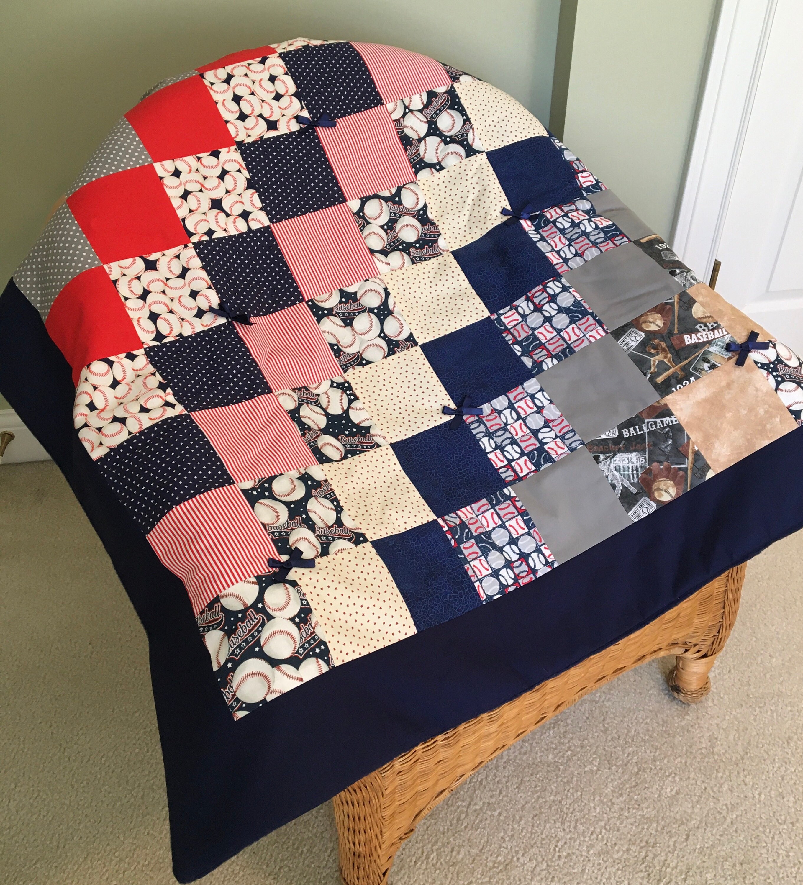 Batter up Baby Quilt-handmade, Navy, Red, Tan, Grey, Baby Boy, Sport ...