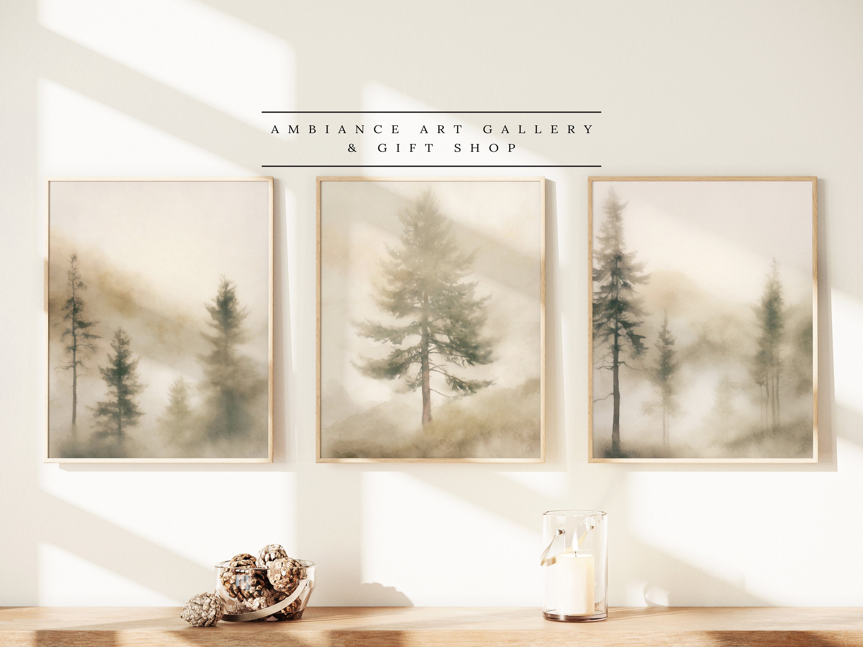 Pine Trees Fir Trees Forest Watercolor Neutral Tones Triptych Artwork ...