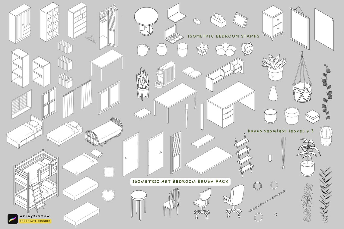 Procreate Isometric Bedroom Drawing Brush Pack High Quality - Etsy