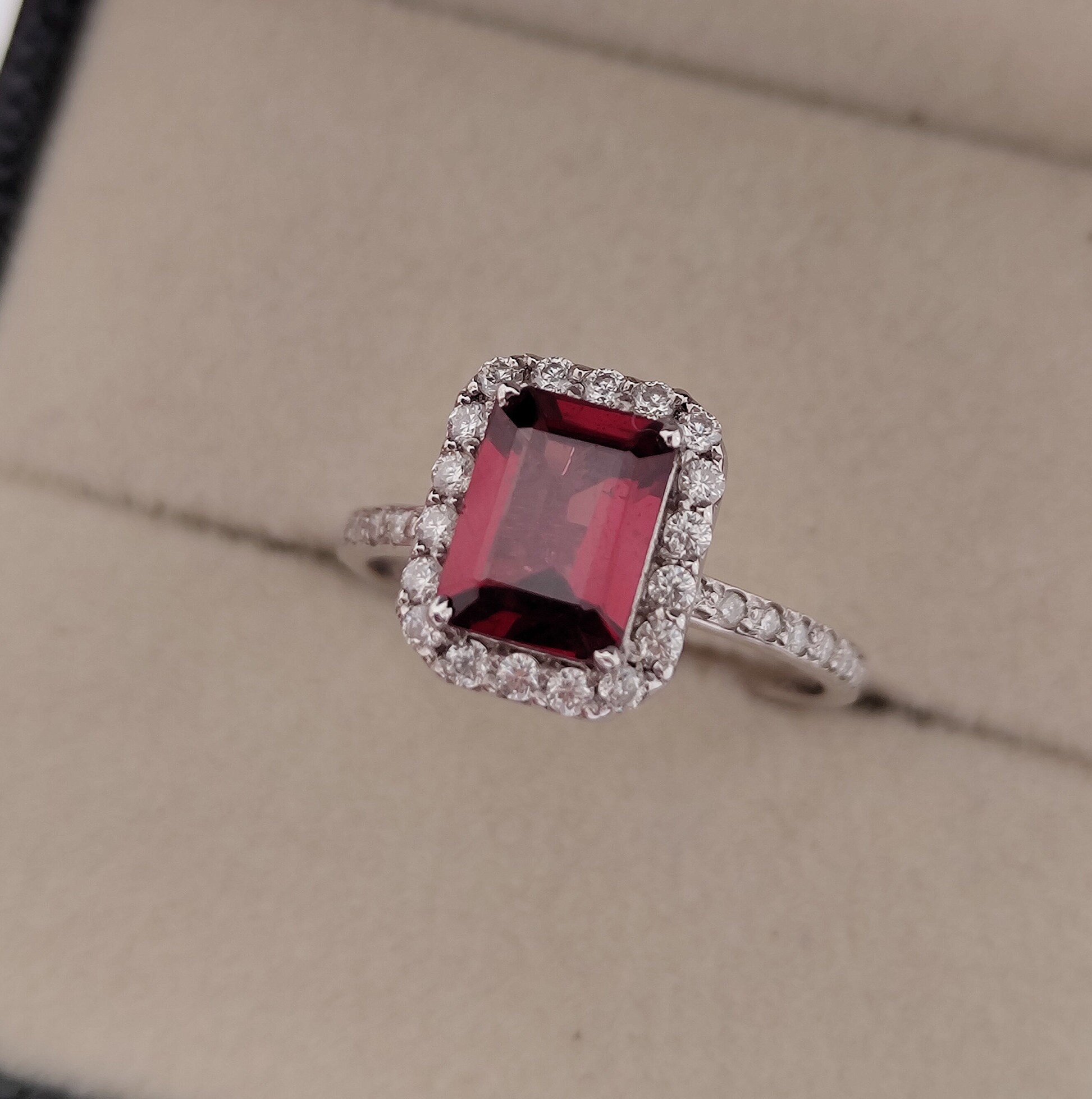 Emerald Cut Rectangle Garnet Halo Ring Natural Emerald Cut Garnet Ring ...
