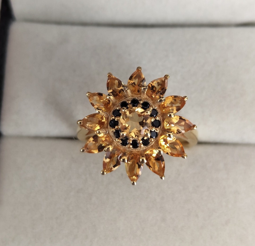 Citrine Sunflower Cocktail Ring in Gold Plated 925 Sterling Silver ...