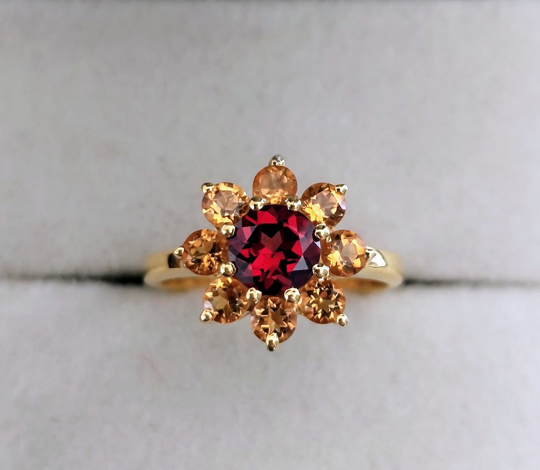 Garnet Sunflower Ring in Yellow Gold Plated Garnet Citrine Halo Ring in ...