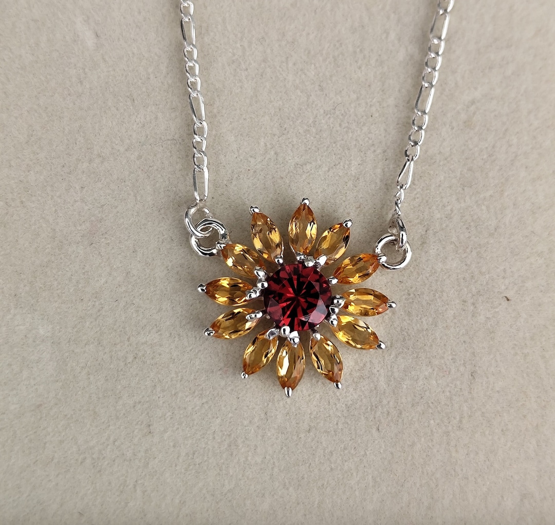 Citrine Garnet Sunflower Necklace, Sterling Silver Flower Jewelry - Etsy