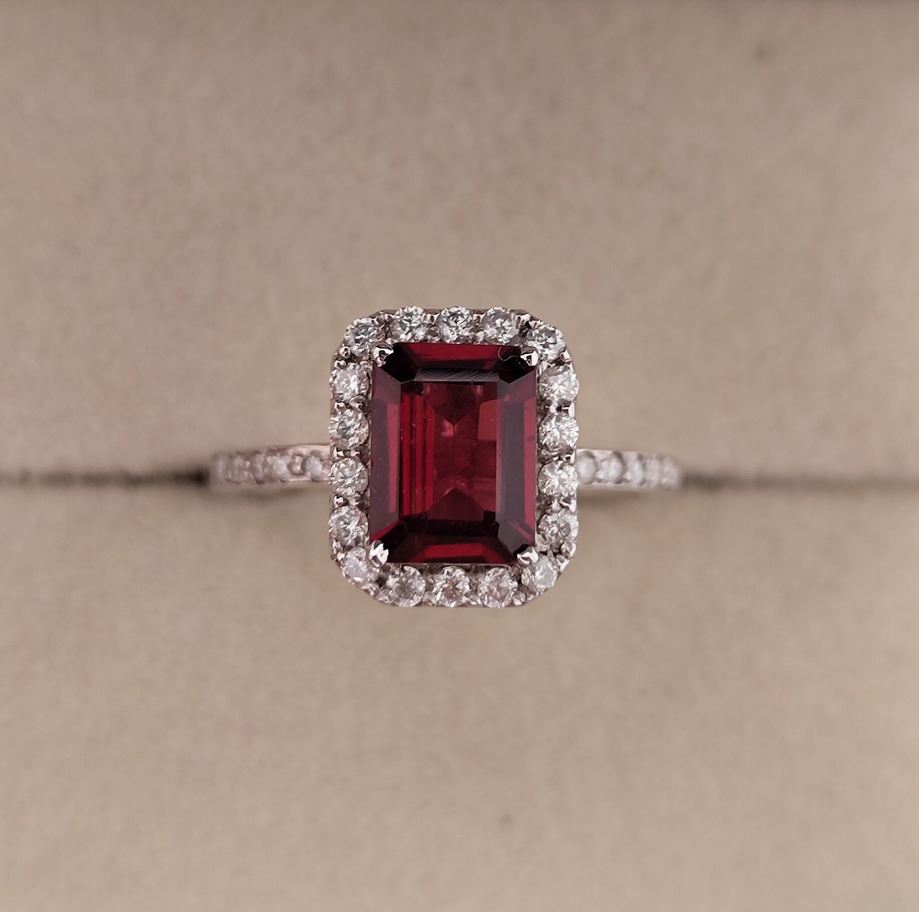 Emerald Cut Rectangle Garnet Halo Ring Natural Emerald Cut Garnet Ring ...