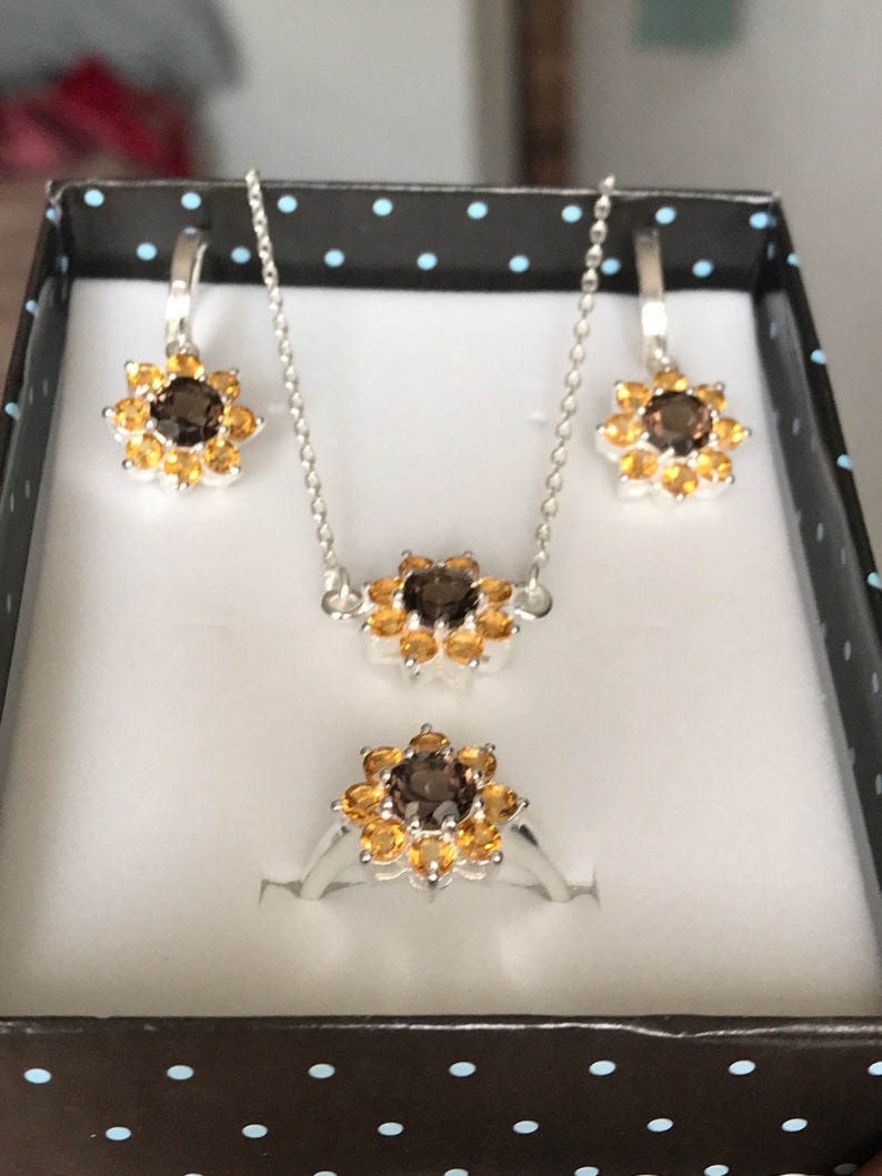 Sterling Silver Sunflower Jewelry Set: Citrine & Smokey Quartz - Etsy