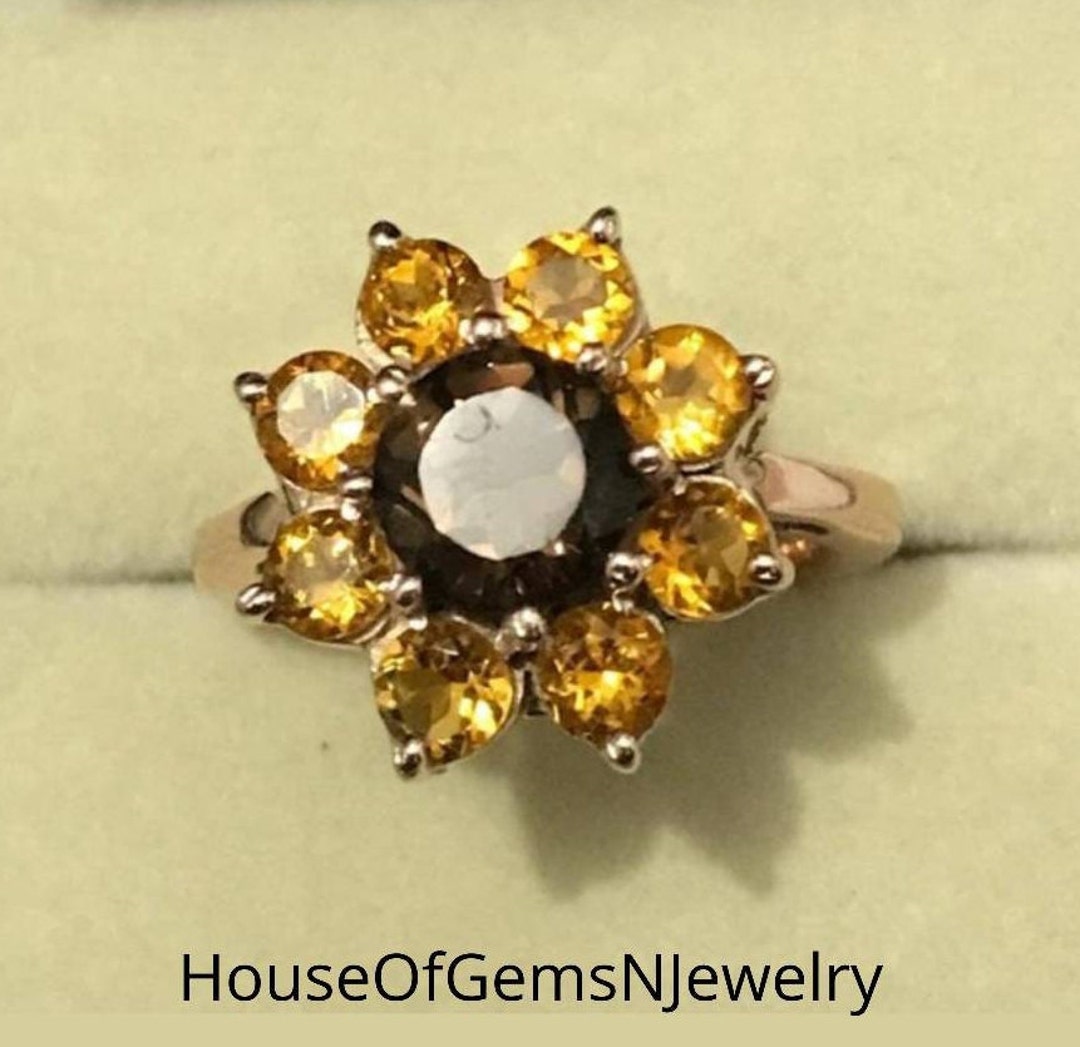 Sunflower Gemstone Ring Natural Smokey and Citrine Ring Citrine Floral ...