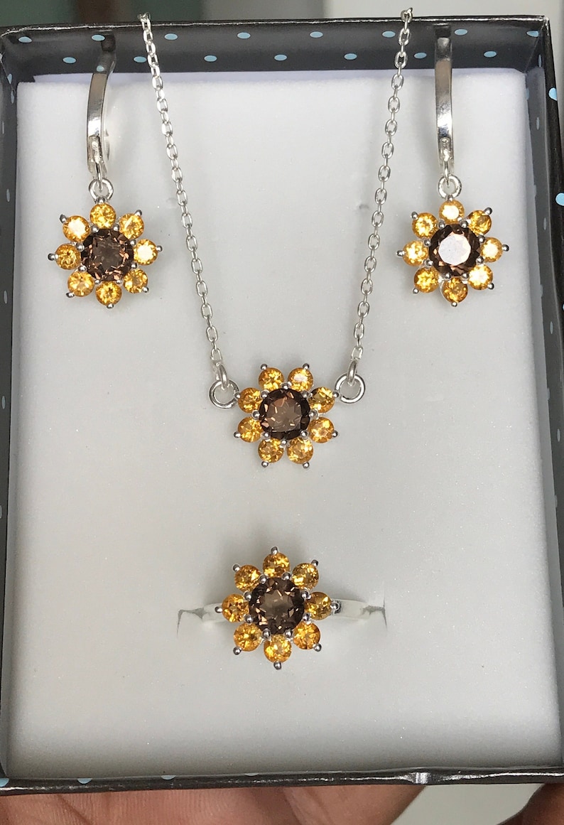Sterling Silver Sunflower Jewelry Set: Citrine & Smokey Quartz - Etsy