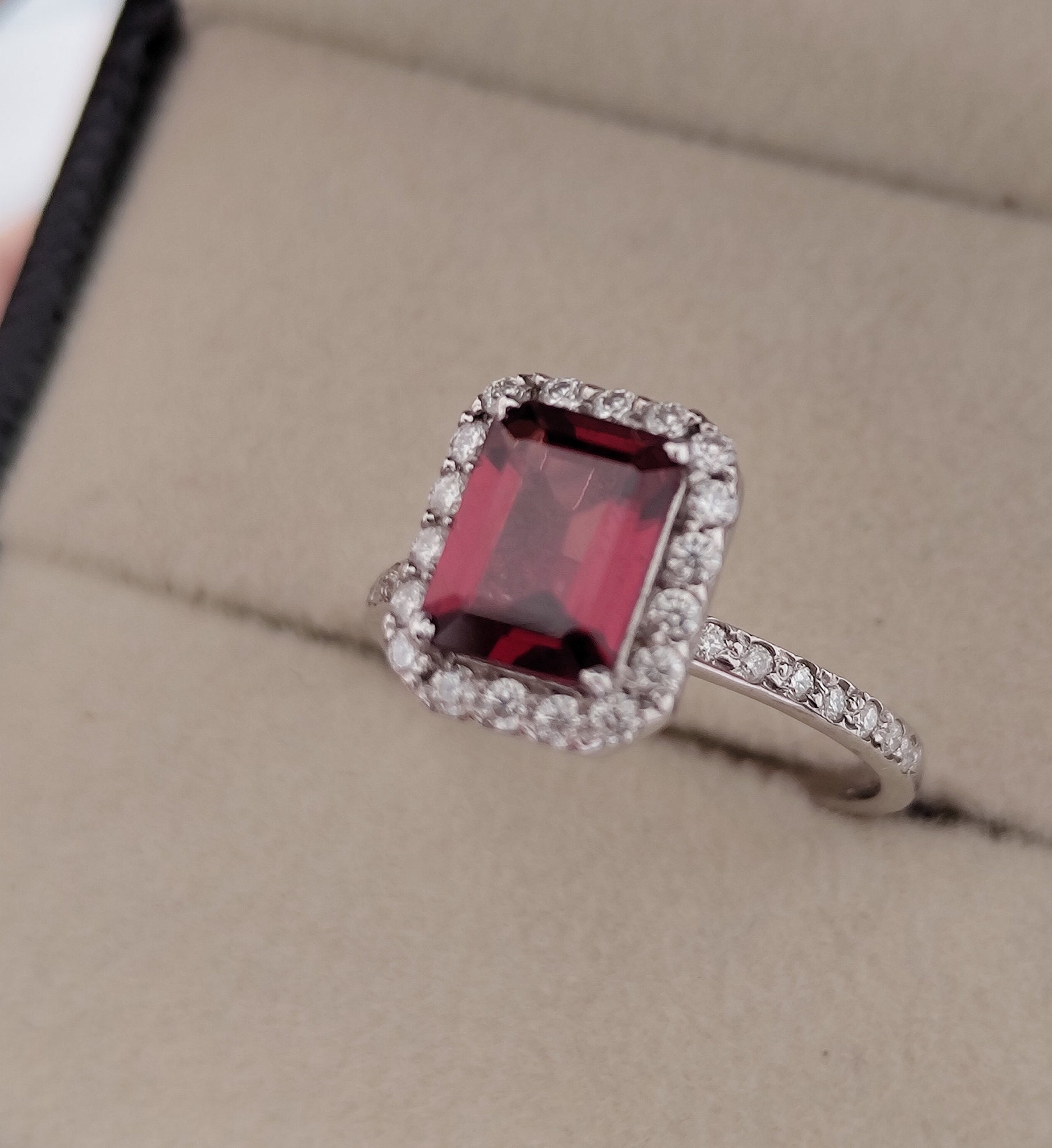 Emerald Cut Rectangle Garnet Halo Ring Natural Emerald Cut Garnet Ring ...