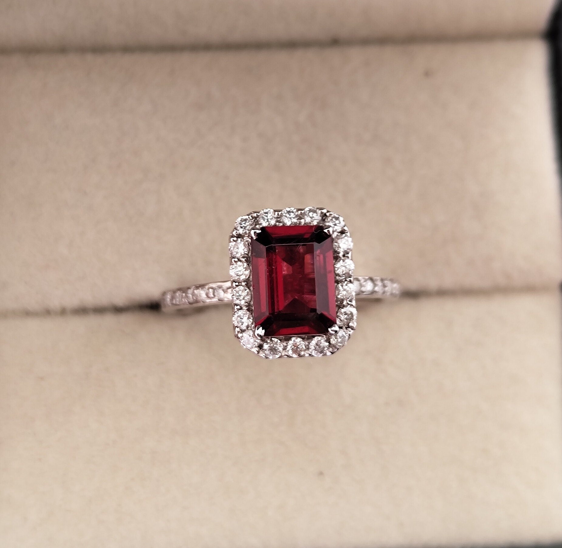 Emerald Cut Rectangle Garnet Halo Ring Natural Emerald Cut Garnet Ring ...