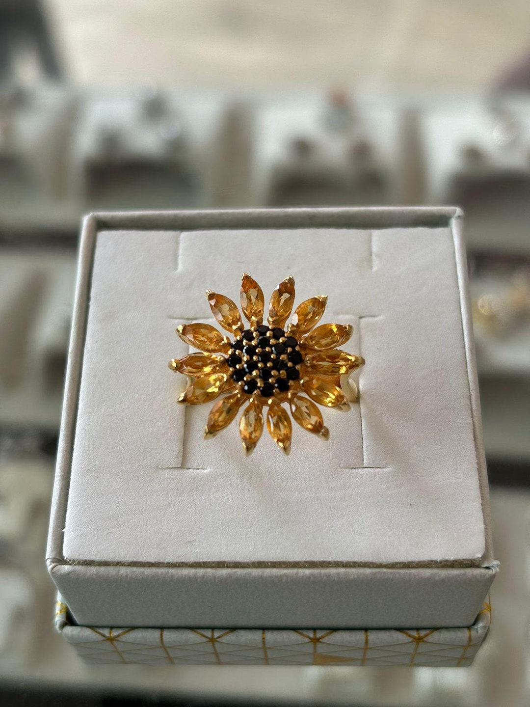 Citrine Sunflower Engagement Ring in Gold Plated Floral Sunflower ...