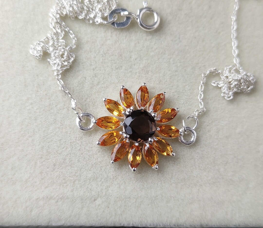 Citrine Sunflower Necklace: Smokey Quartz, Sterling Silver Gemstone ...