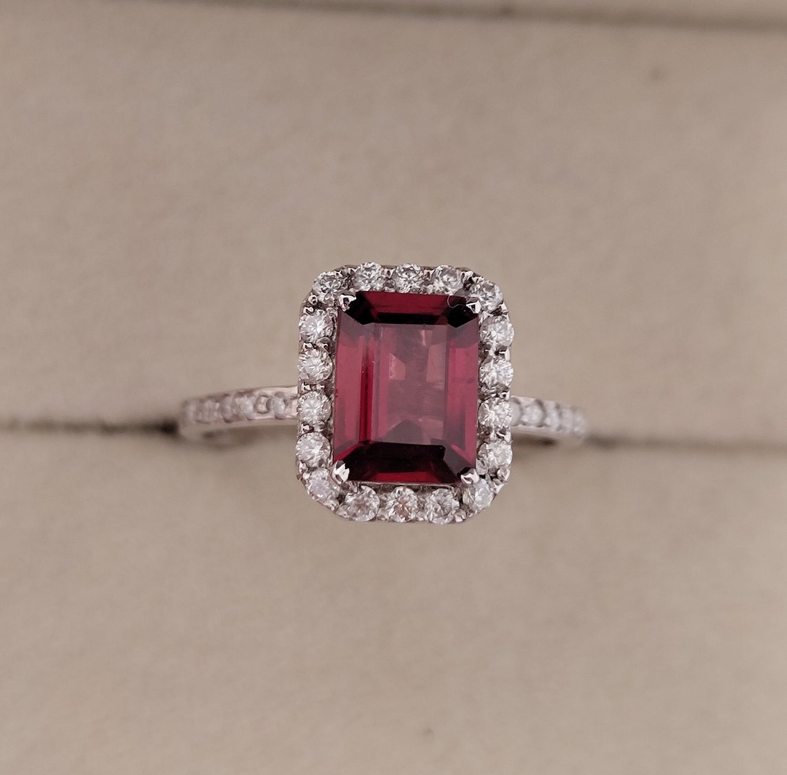 Emerald Cut Rectangle Garnet Halo Ring Natural Emerald Cut Garnet Ring ...