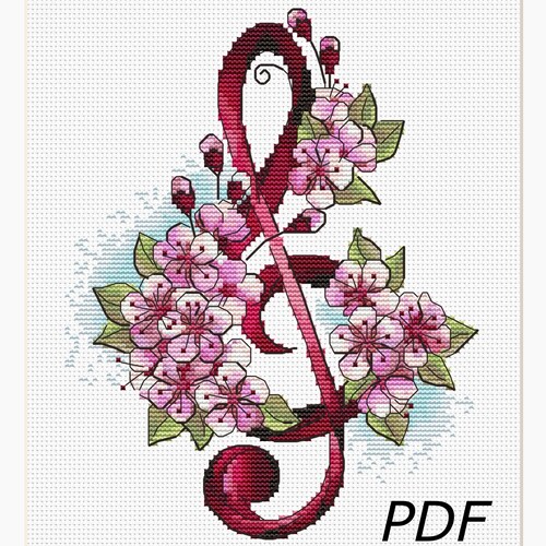 Spring Treble Clef Cross Stitch Patternclef Blooming Sakura - Etsy