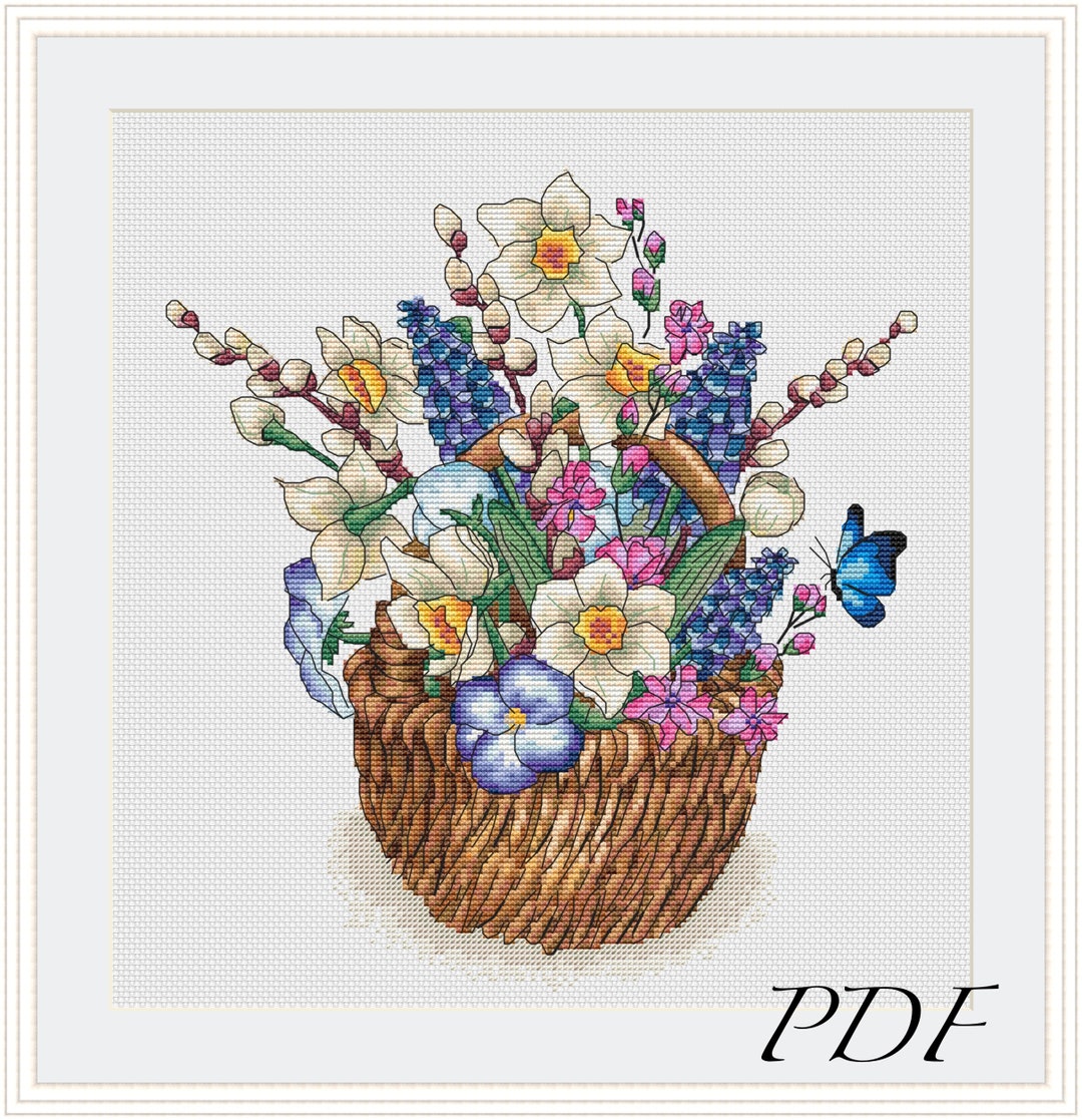 Spring Flowers in Basket Cross Stitch Pattern, Nice Daffodils Pansy ...
