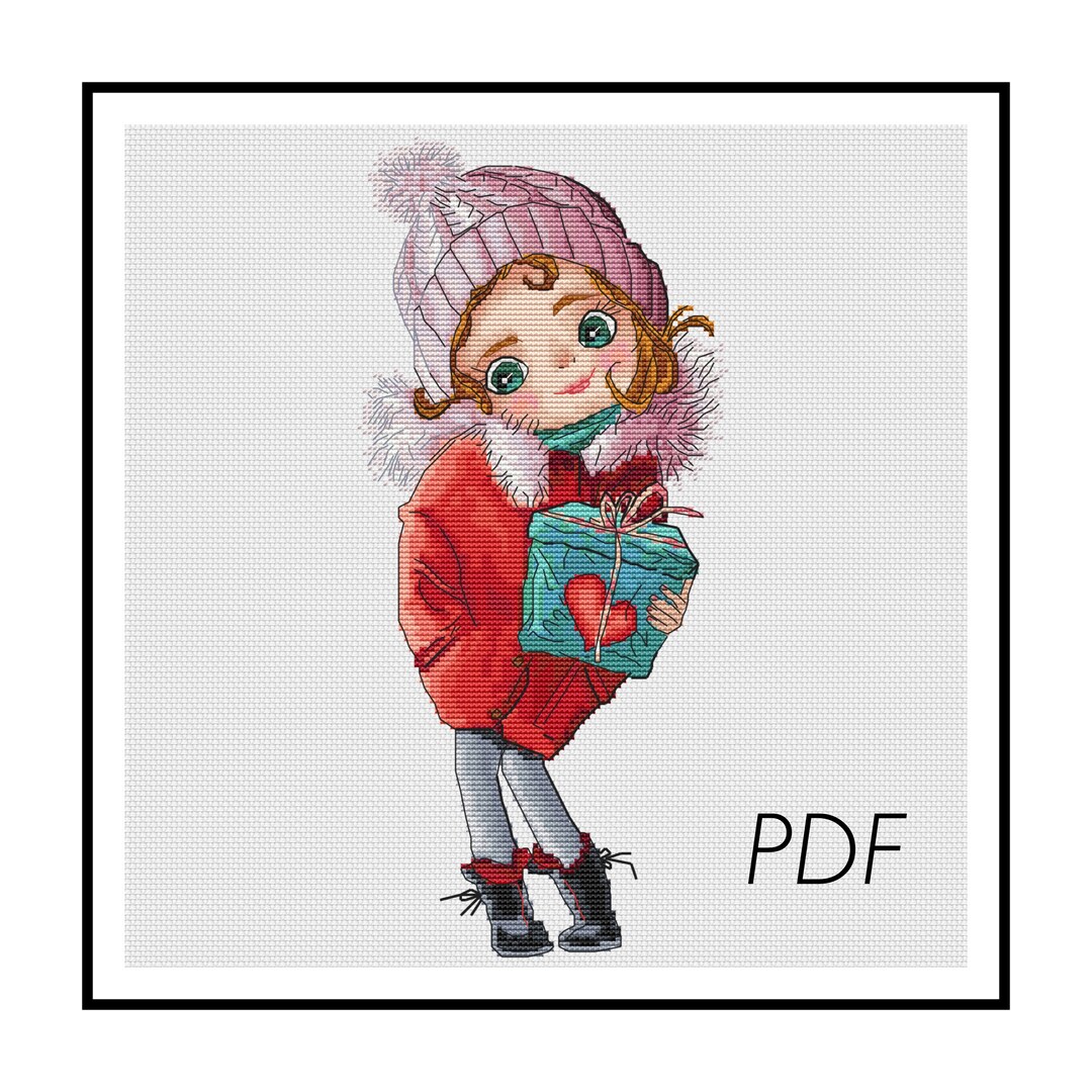 Little Girl With Valentine Present Cross Stitch Pattern Valentine ...