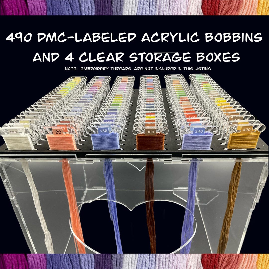 490 Dmc-labeled Acrylic Bobbins & 4 Clear Storage Boxes–perfect Cross ...