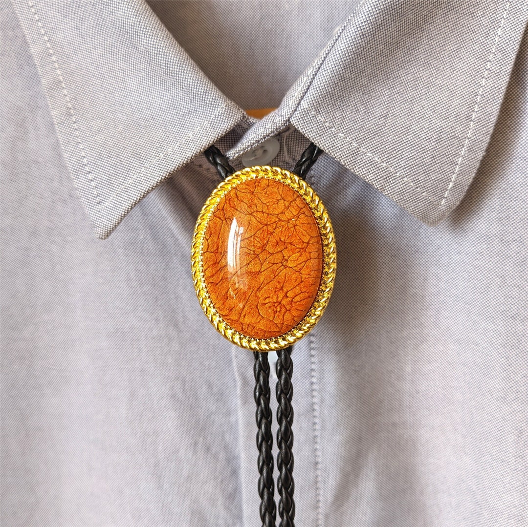 Golden Orange Stone Bola Bolo Tie - Faux Leather Rope Wedding Necklace ...