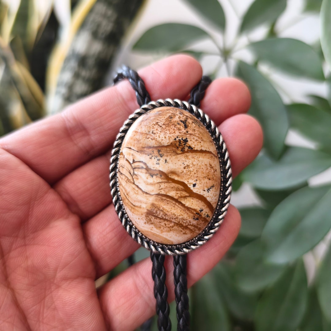 Natural Sandpainting Stone Bolo Tie Wedding Necklace Faux Leather Rope ...