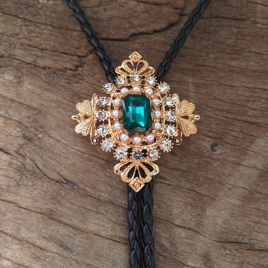 Golden Flower Diamond Bolo Tie - Wedding Necklace - Leather Rope Bola ...