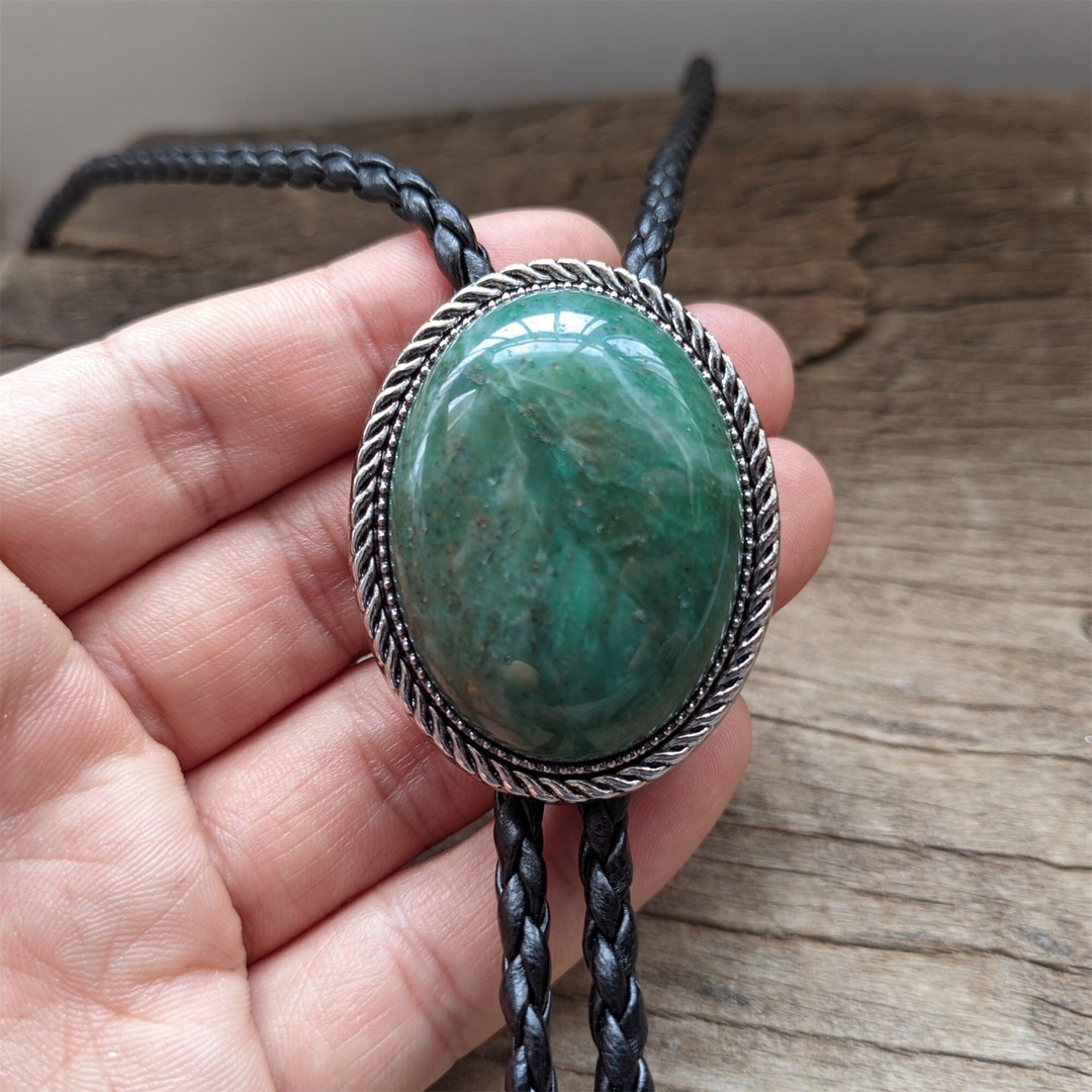 Natural Green Jade Bola Bolo Tie - Wedding Necklace - PU Leather Rope ...