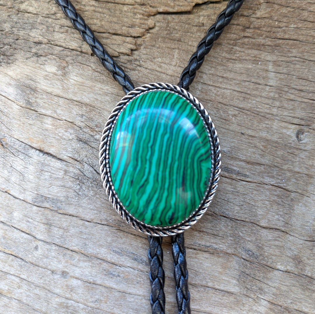Green Malachite Bola Bolo Tie Wedding Necklace PU Leather Rope Western ...