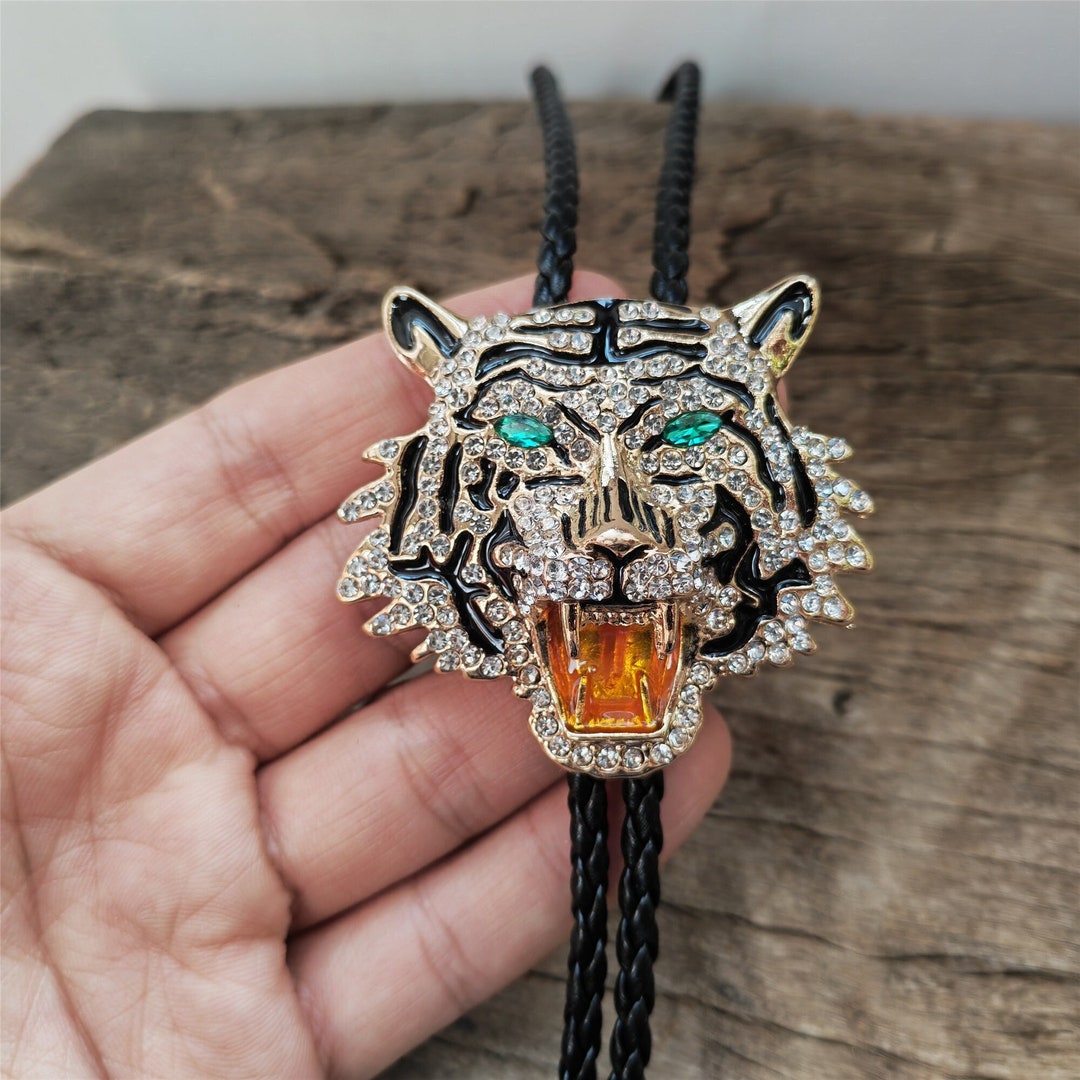 Gold Diamond Tiger Head Bola Bolo Tie Wedding Necklace - Western Cowboy ...