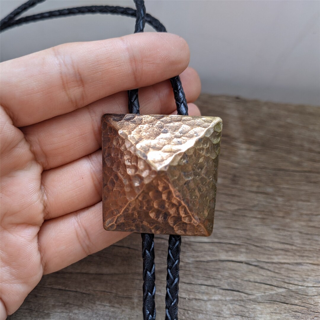 Copper Hand Hammering Pyramid Bola Bolo Tie - Leather Rope Wedding ...