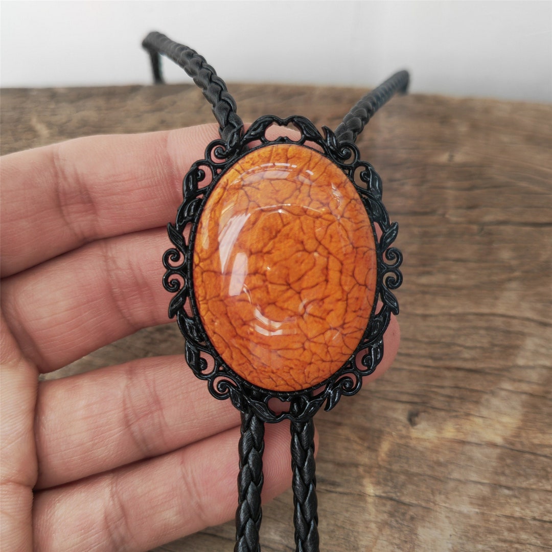 Black Base Orange Coral Stone Bola Bolo Tie - Wedding Necklace Faux ...