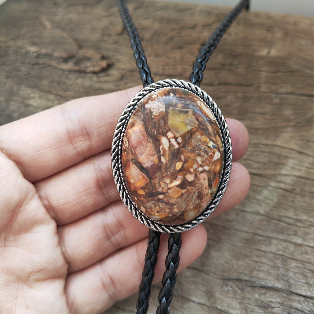 Brown Jasper Stone Bola Bolo Tie - Wedding Necklace - PU Leather Rope ...