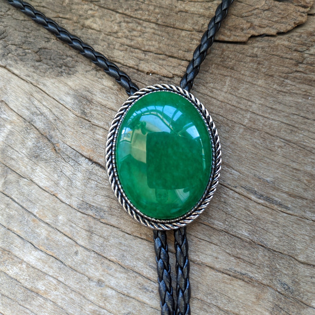 Green Real Jade Bola Bolo Tie - Wedding Necklace - PU Leather Rope ...