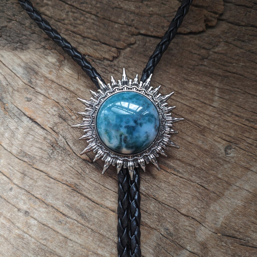 Blue Water Stripe Agate Sun Shape Bola Bolo Tie - Wedding Necklace - PU ...