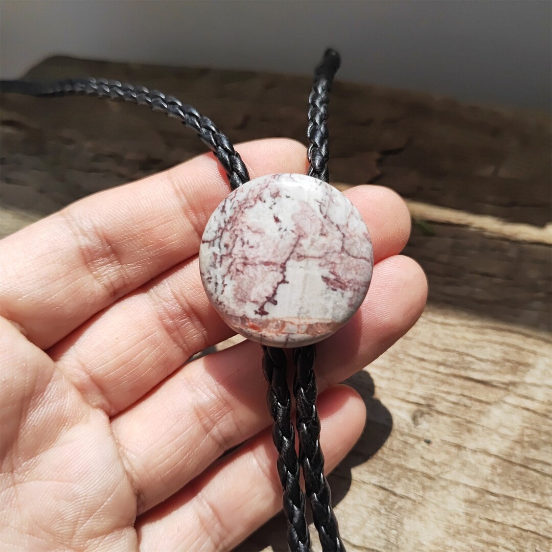 Round Granite Stone Bola Bolo Tie - Wedding Necklace - PU Leather Rope ...