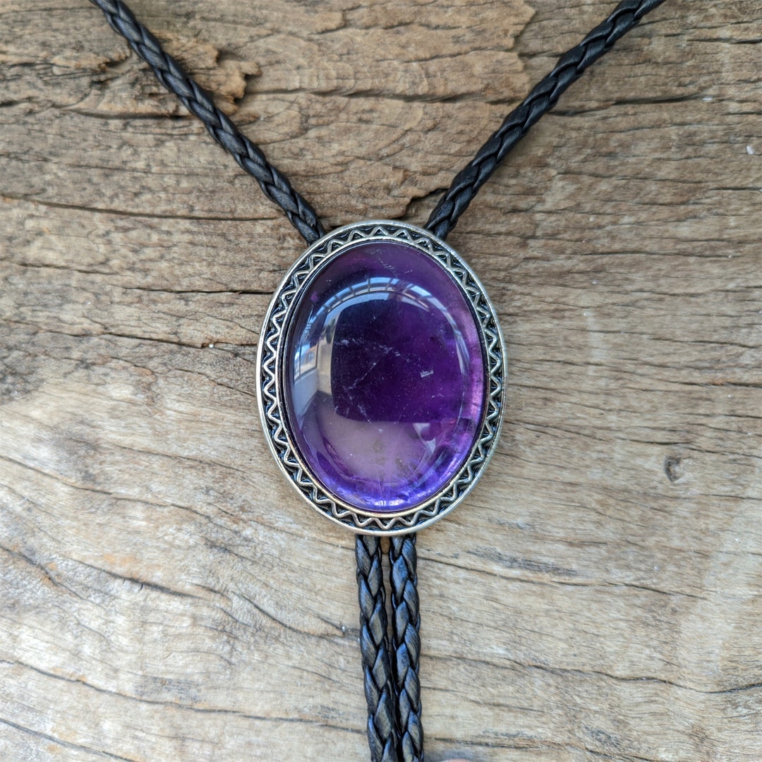 Amethyst Bolo Tie – Silver-plated Cowboy Necktie, PU Leather - Etsy