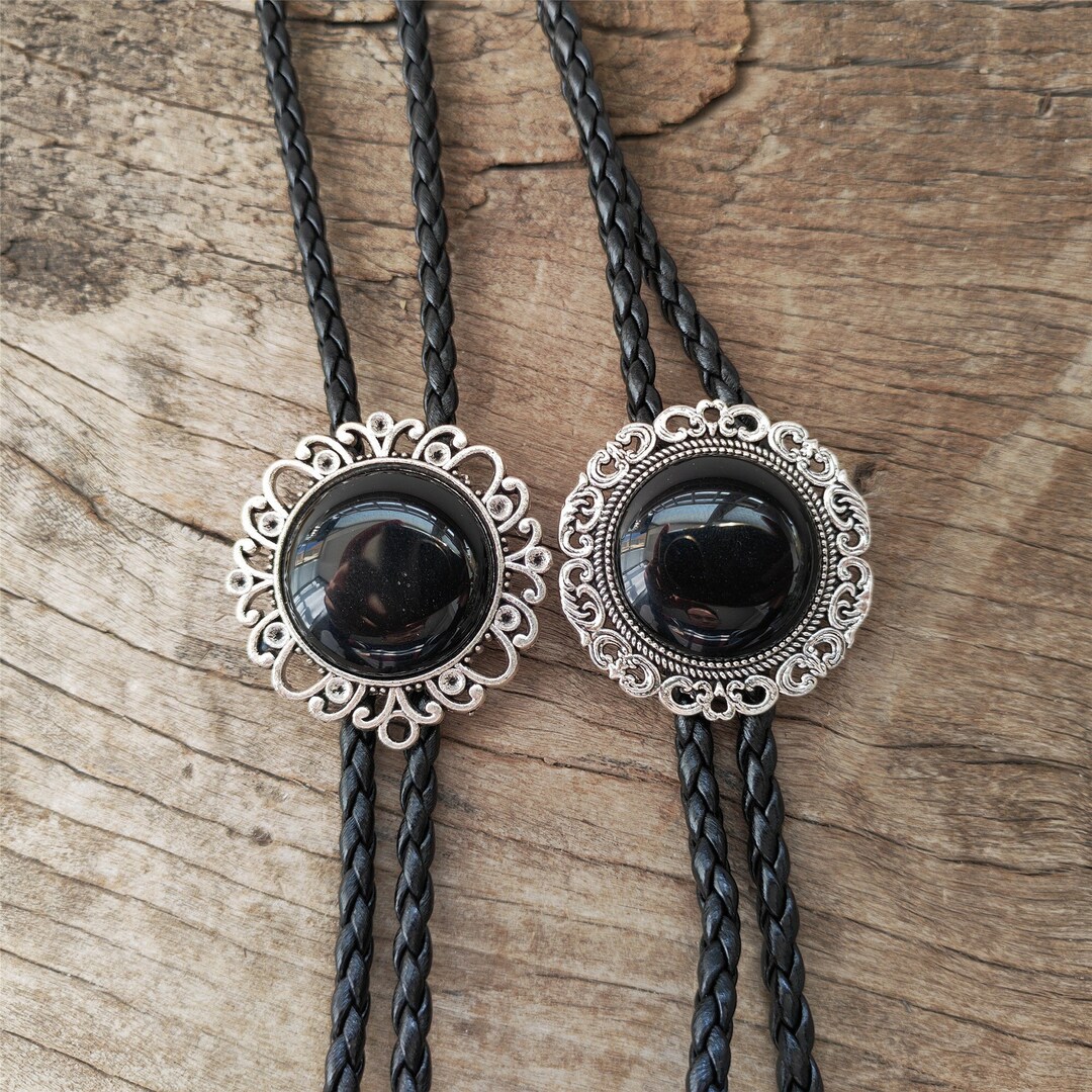 Flower Round Black Agate Bola Bolo Tie - Wedding Necklace - PU Leather ...