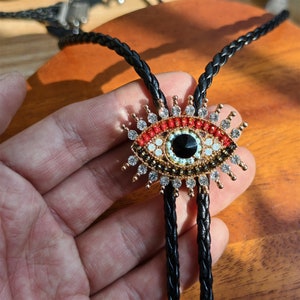 Rhinestone Demons Eye Bolo Tie - Wedding Necklace - Leather Rope Bola ...