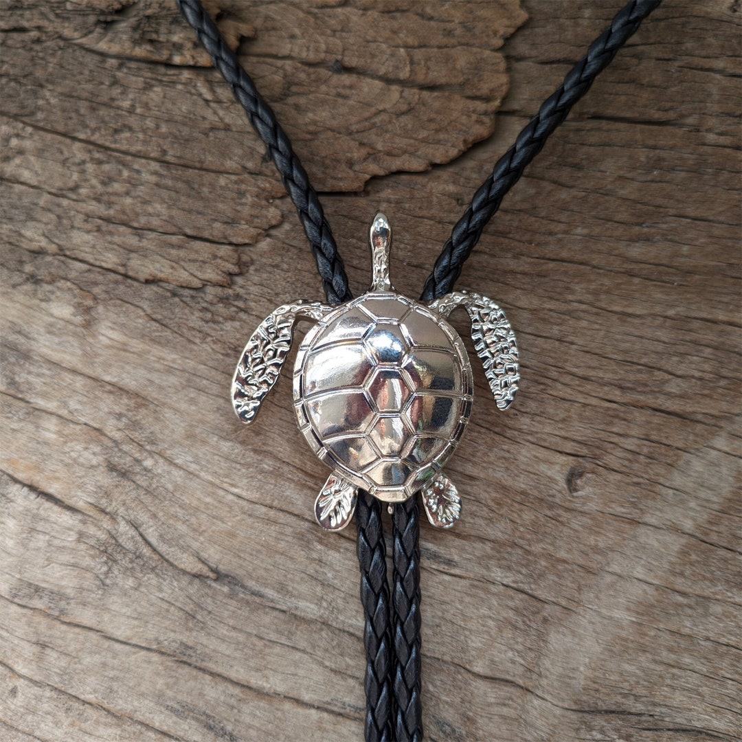 Silver Sea Turtle Bolo Tie - Wedding Necklace - Leather Rope Bola Tie ...