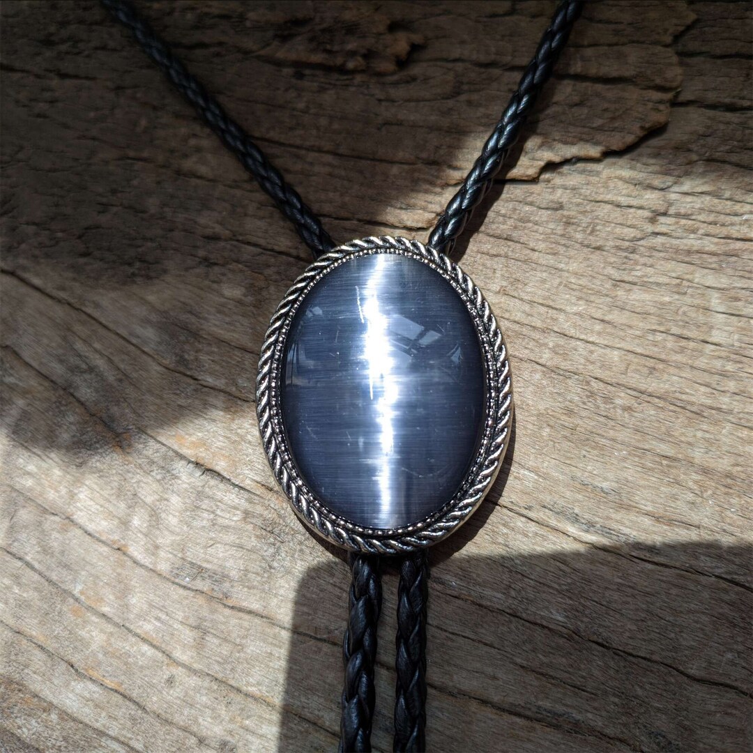 Grey Cat-eye Stone Bola Bolo Tie - Wedding Necklace - PU Leather Rope ...