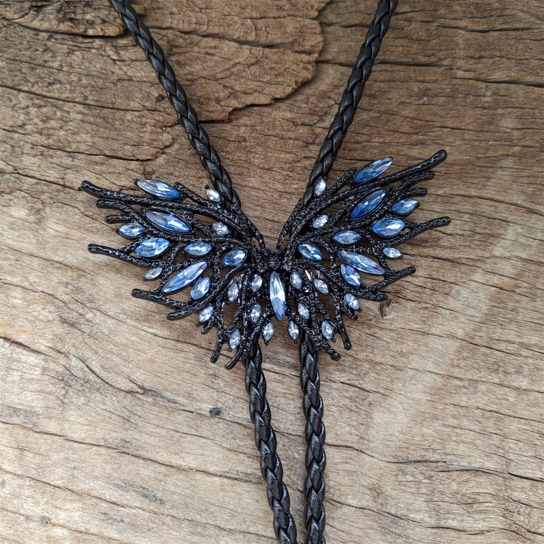 Sapphire Black Butterfly Bolo Tie - Wedding Necklace - Leather Rope ...