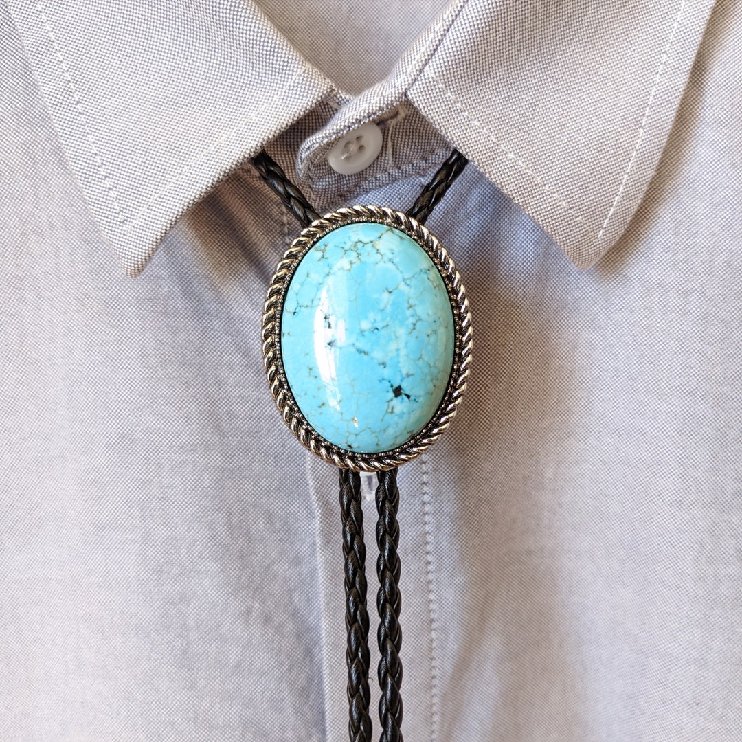 Natural Turquoise Bola Bolo Tie - Wedding Necklace - PU Leather Rope ...