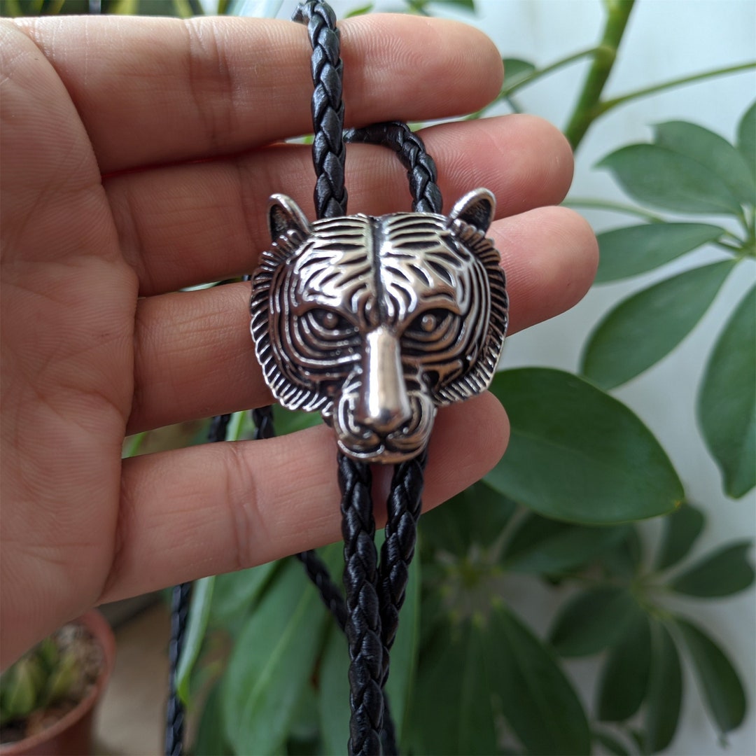 Small Silver Tiger Head Bola Bolo Tie Wedding Necklace - Western Cowboy ...