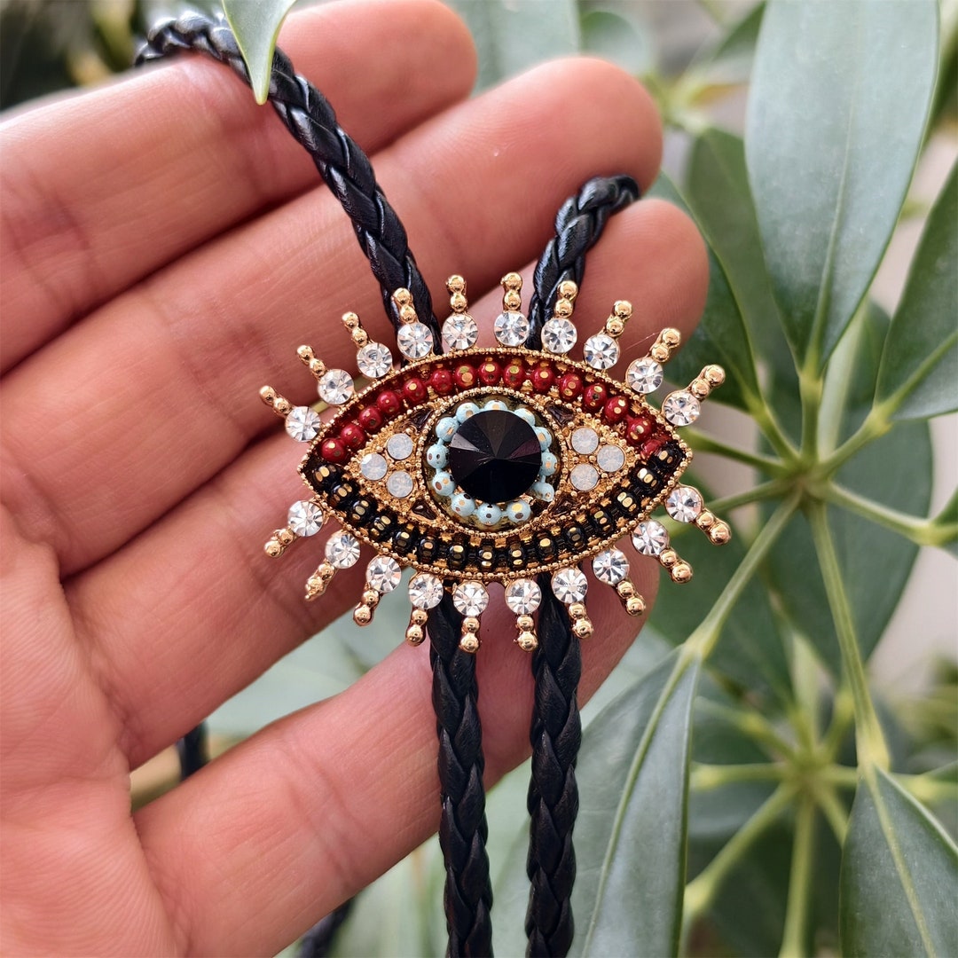 Rhinestone Demons Eye Bolo Tie - Wedding Necklace - Leather Rope Bola ...