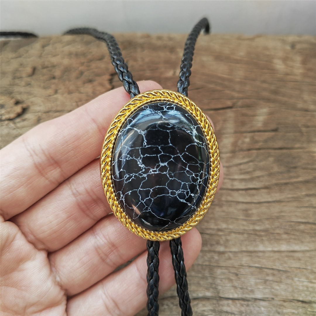 Golden Black Granite Bola Bolo Tie Wedding Necklace Faux Leather Rope ...