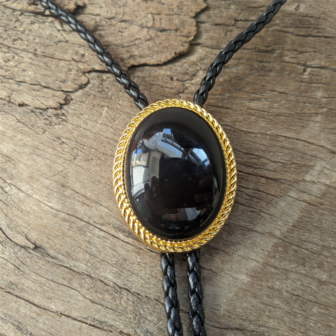 Golden Black Agate Bola Bolo Tie - Wedding Necklace - PU Leather Rope ...