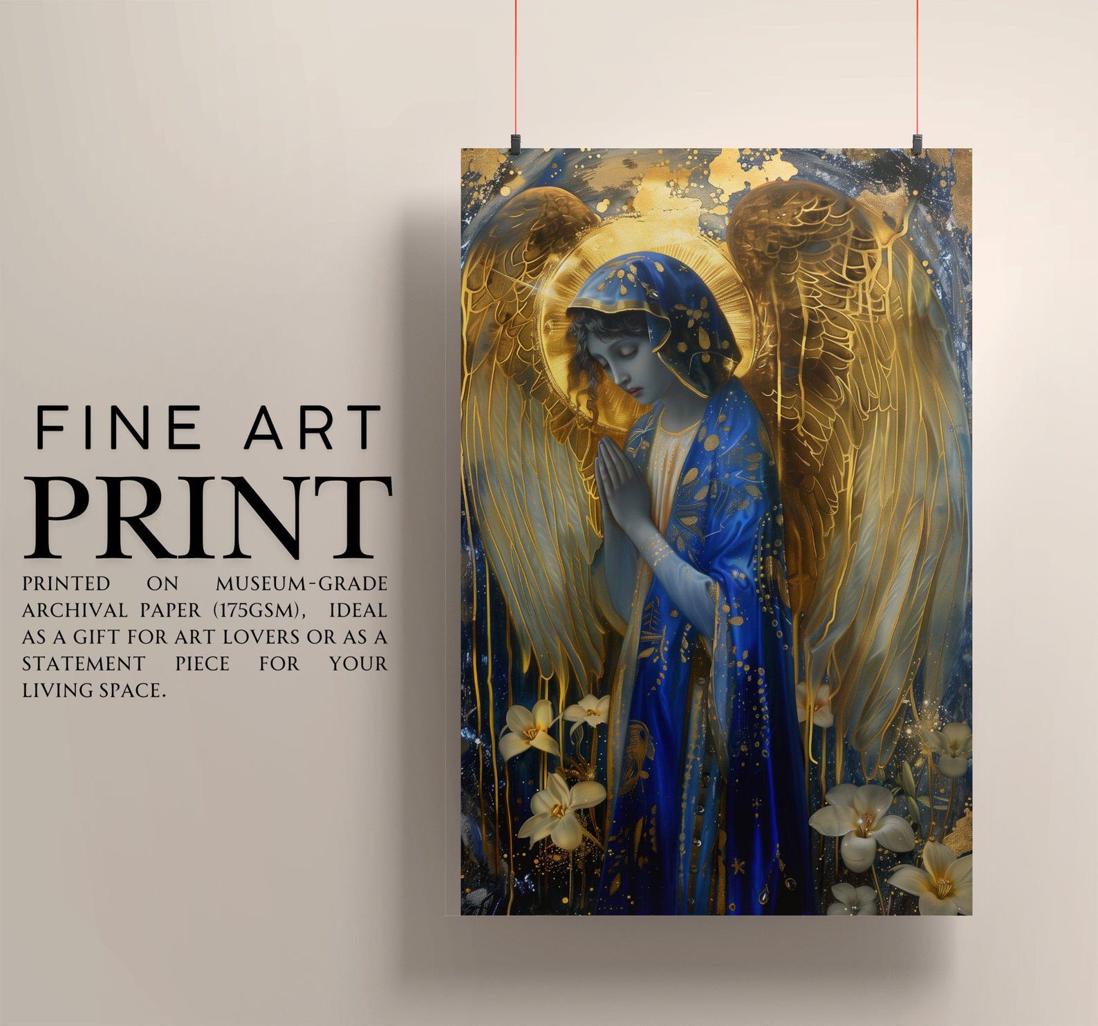 Blue Angel Art Print, Blue Gold Guardian Angel Wall Art, Modern ...